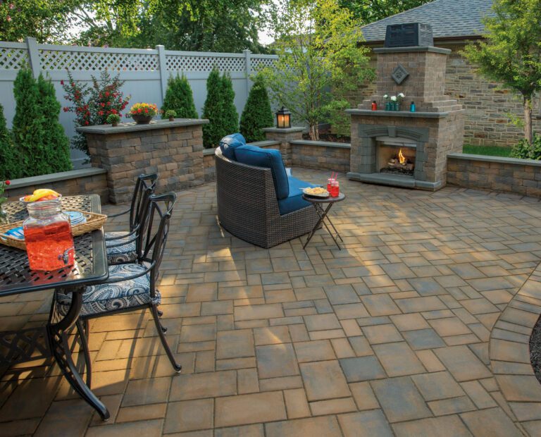 Cambridge Ledgestone Smooth Patio with Outdoor Fireplace - Astro ...