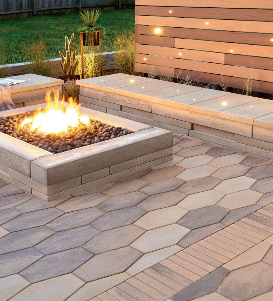 Techo-Bloc Patio with Firepit & Bench - Astro Masonry, Long Island, NY